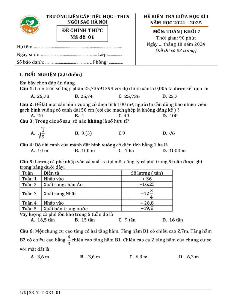 De Giua Hoc Ki 1 Toan 7 Nam 2024 2025 Truong Ththcs Ngoi Sao Ha Noi | PDF