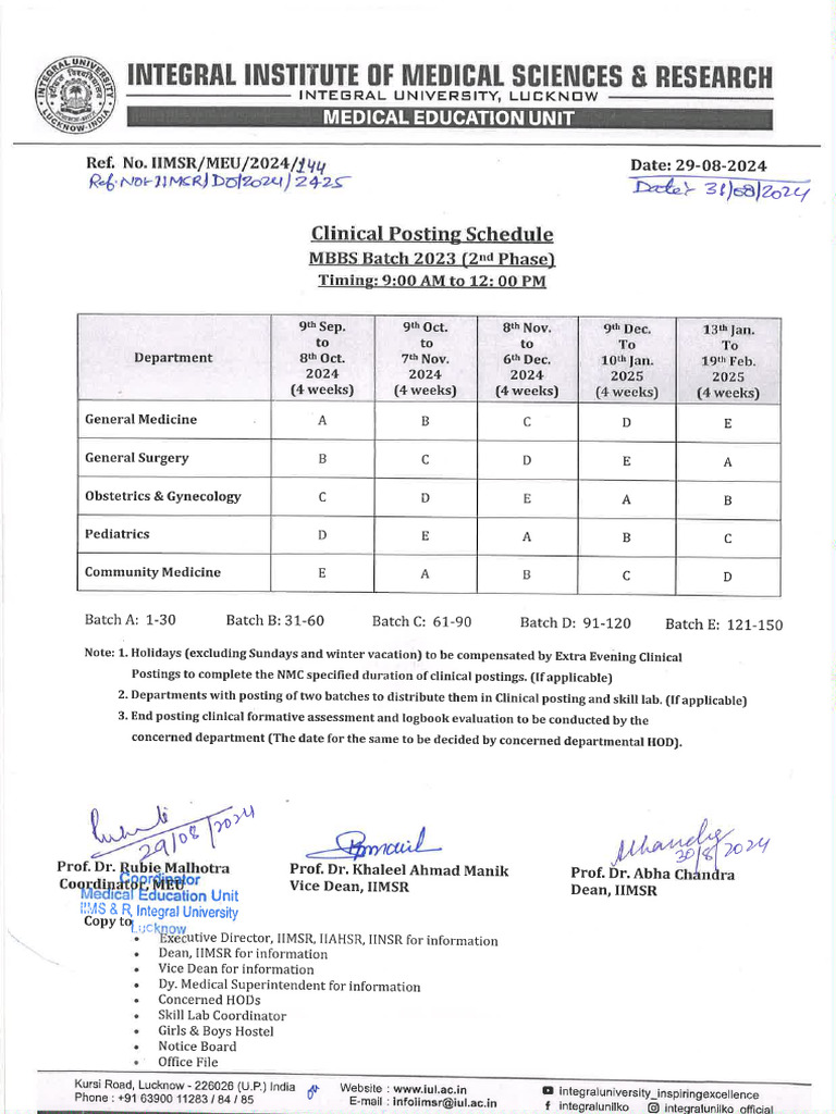 Clinical Posting Schedule For MBBS Batch 2023, 2nd - 240913 - 194225 | PDF