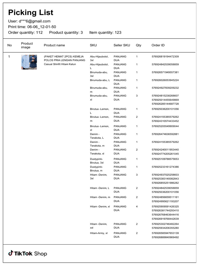 Contoh Picking List Kemeja Pria | PDF