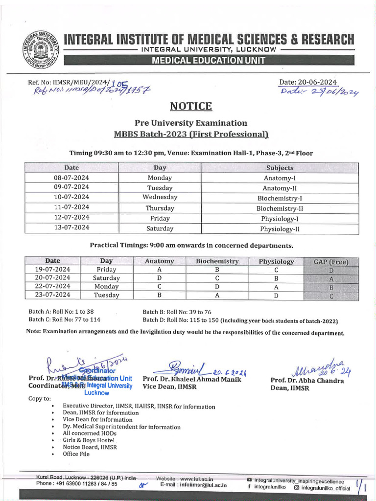 Notice Regarding Pre University Examination For MBBS Batch 2023 | PDF