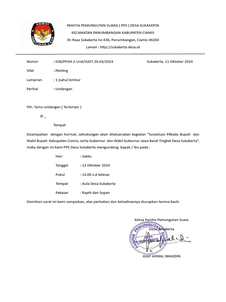Undangan Sosialisasi Pilkada Sukakerta | PDF