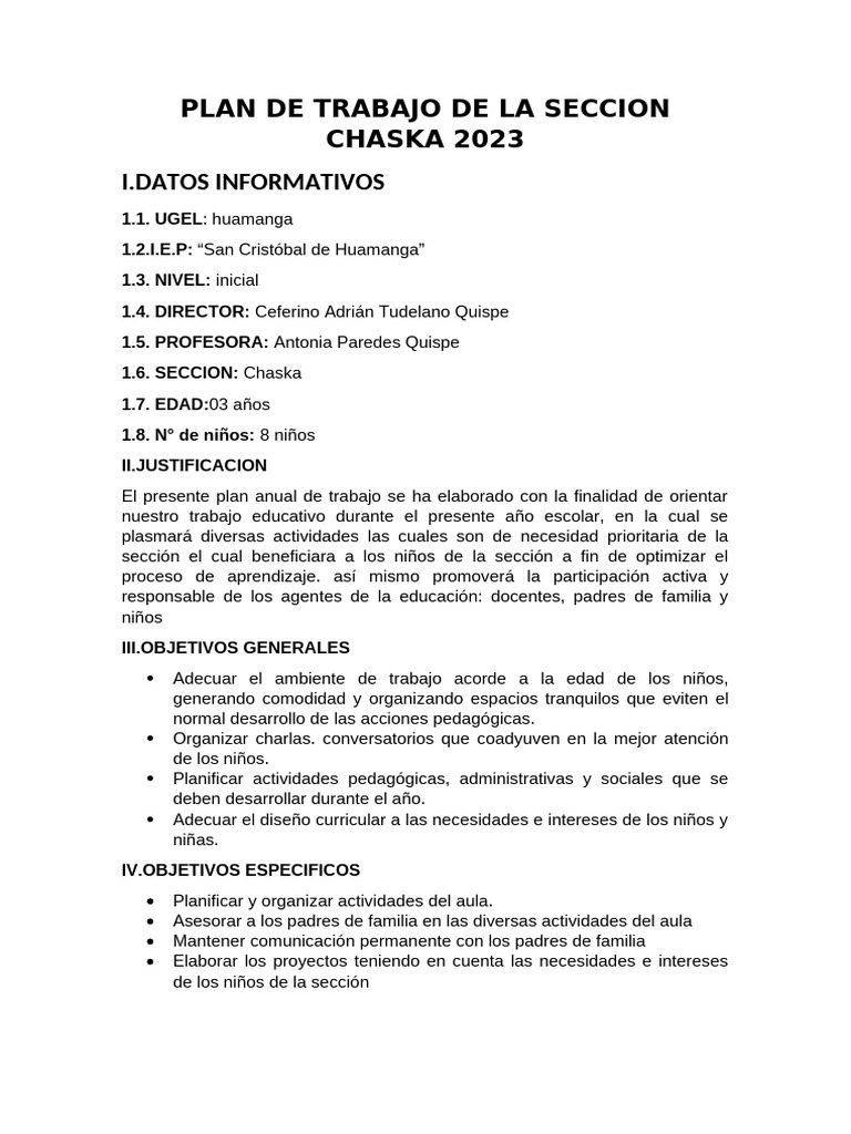 Plan de Trabajo de La Seccion Chaska 2023 | PDF | Salón de clases | Cognición