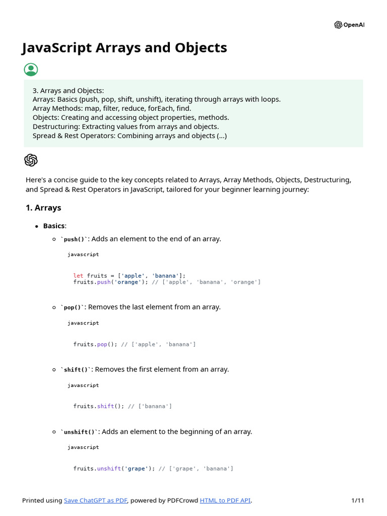 Javascript Arrays And Objects Pdf Java Script String Computer 3006