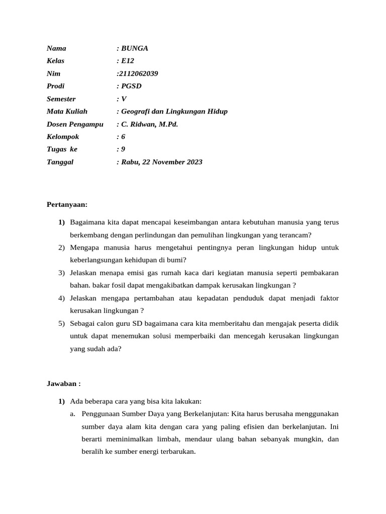 Tugas Ke 9 Geografi Dan Lingkungan Hidup Bunga - E12 | PDF | Sains ...