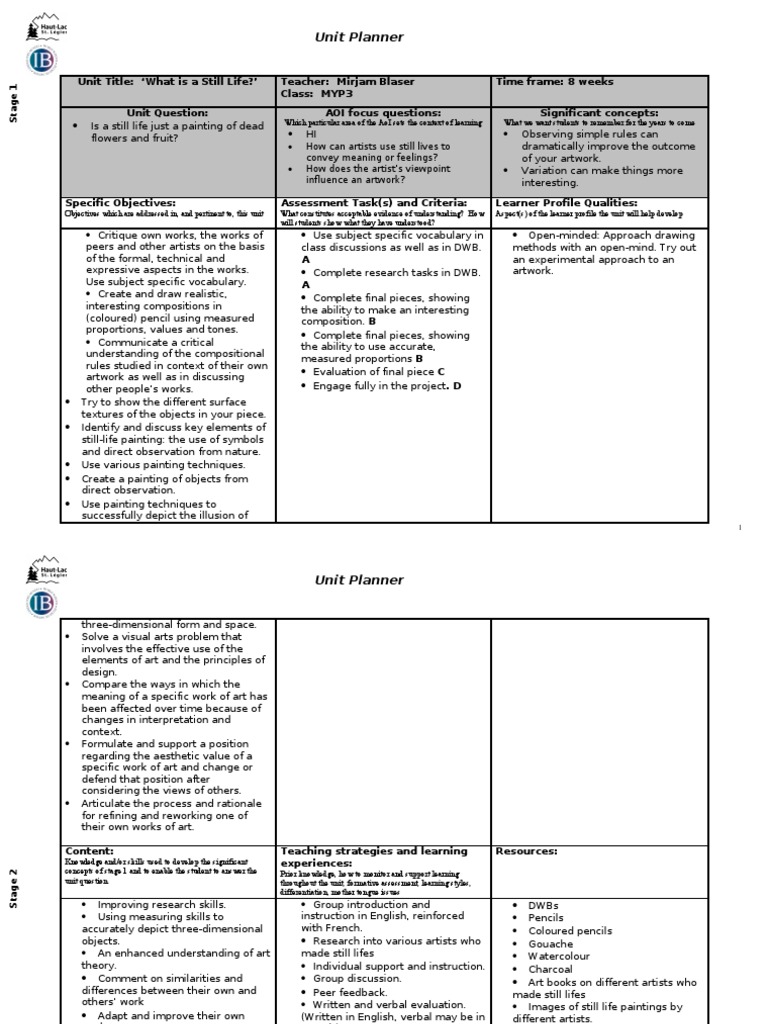 MYP3 Still Life Unit Plan | PDF | Still Life | Visual Arts