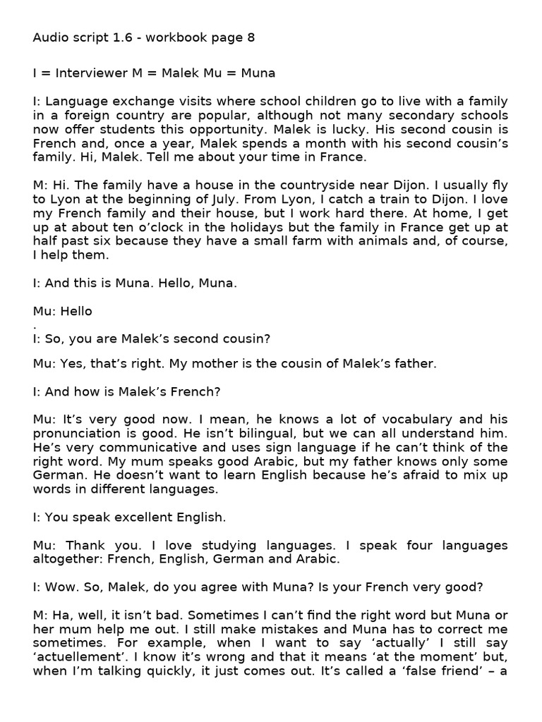 Audioscript 1.6 - Workbook Page 8 | PDF