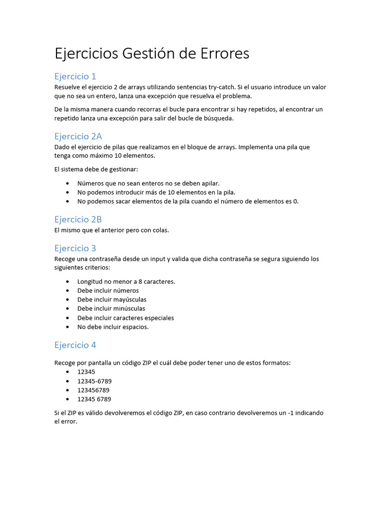 Ejercicios Gestión Errores | PDF