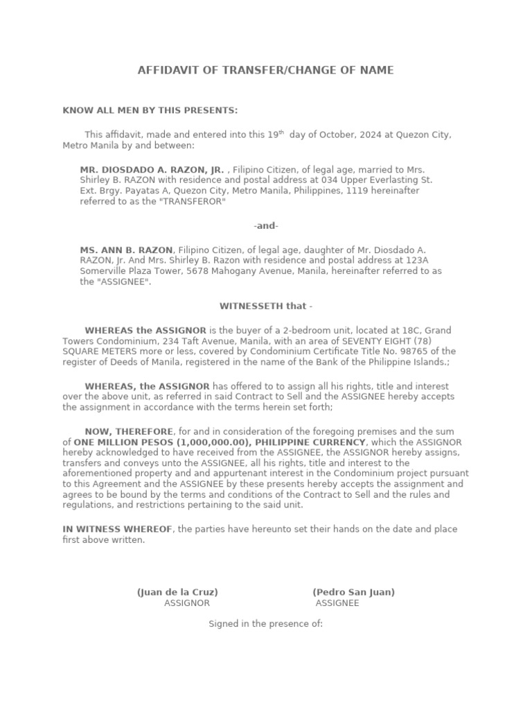 Affidavit-of-Transfer | PDF | Assignment (Law) | Real Property Law