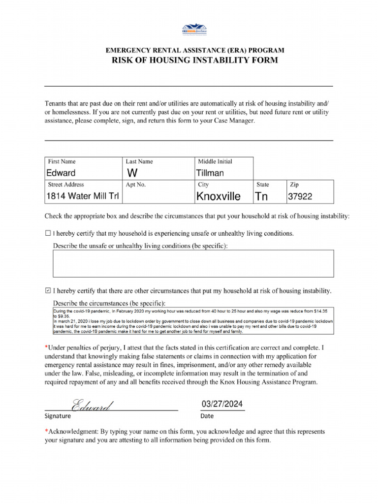 Risk of Housing Instability Form | PDF