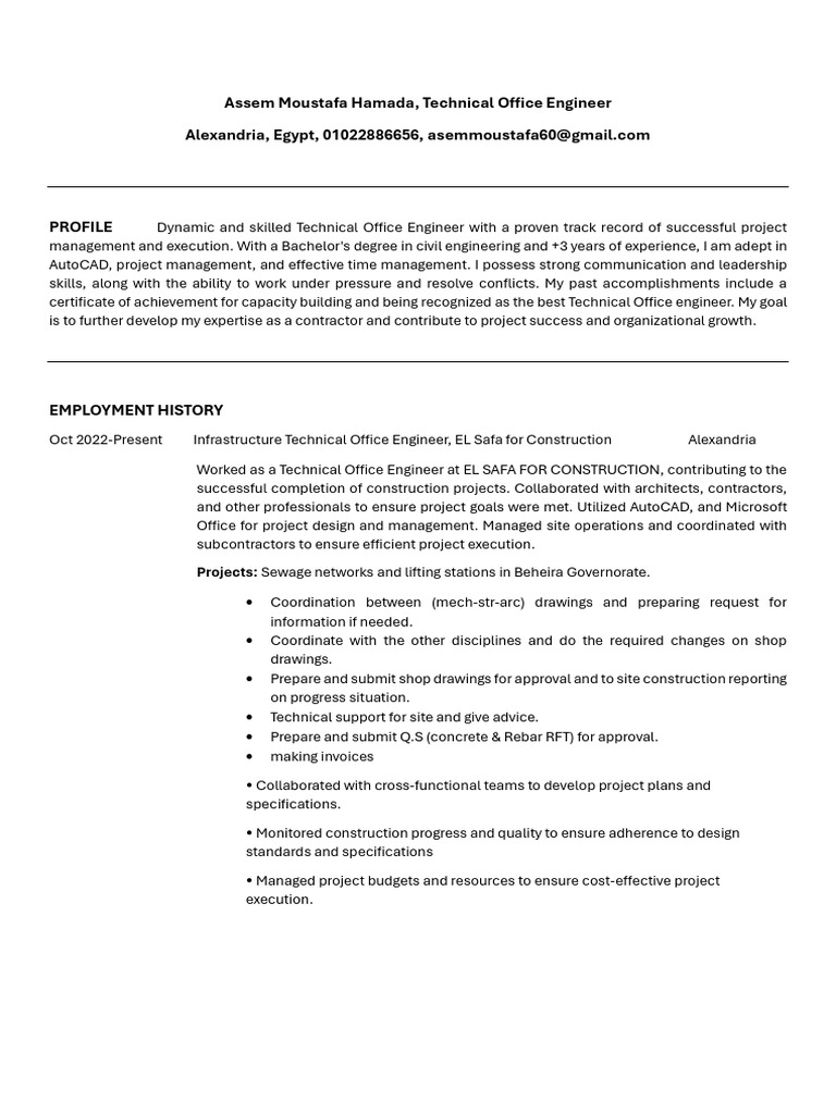 Technical Office Engineer & Assem MOUSTAFA | PDF | Business | Engineering