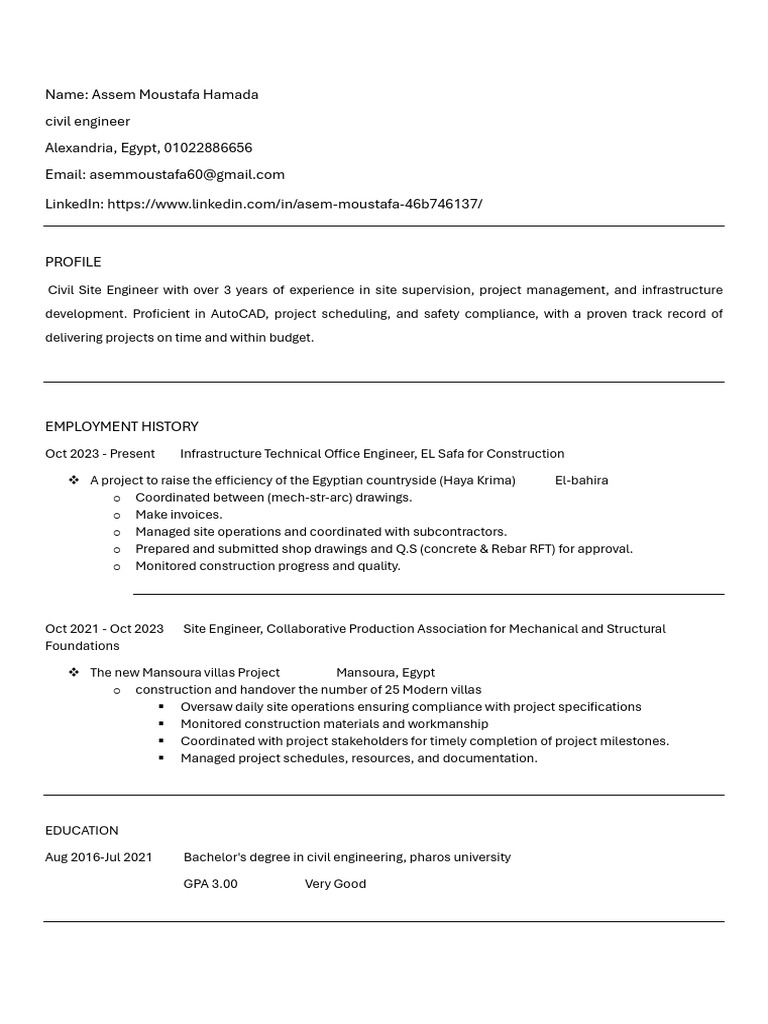 CV Assem Moustafa Civil Engineer | PDF | Business | Engineering