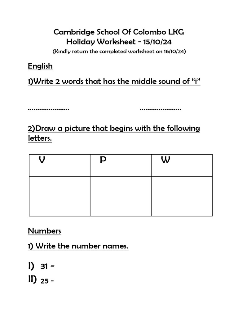 LKG Holiday Worksheet 15.10.24 | PDF