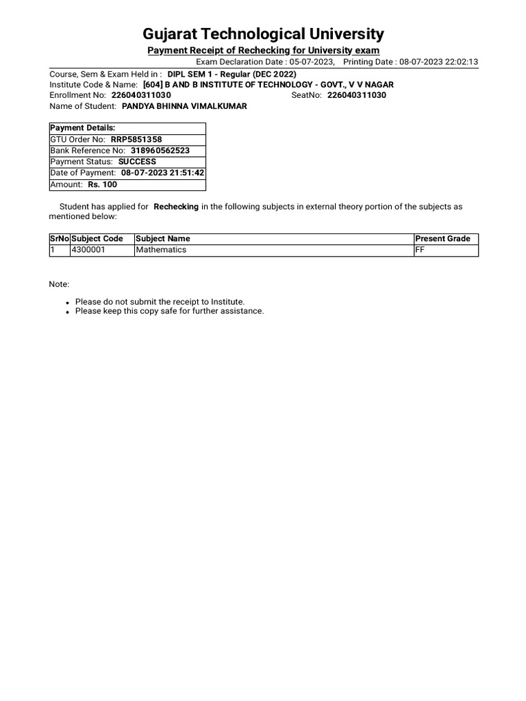 GTU Re Check - Re Assessment | PDF