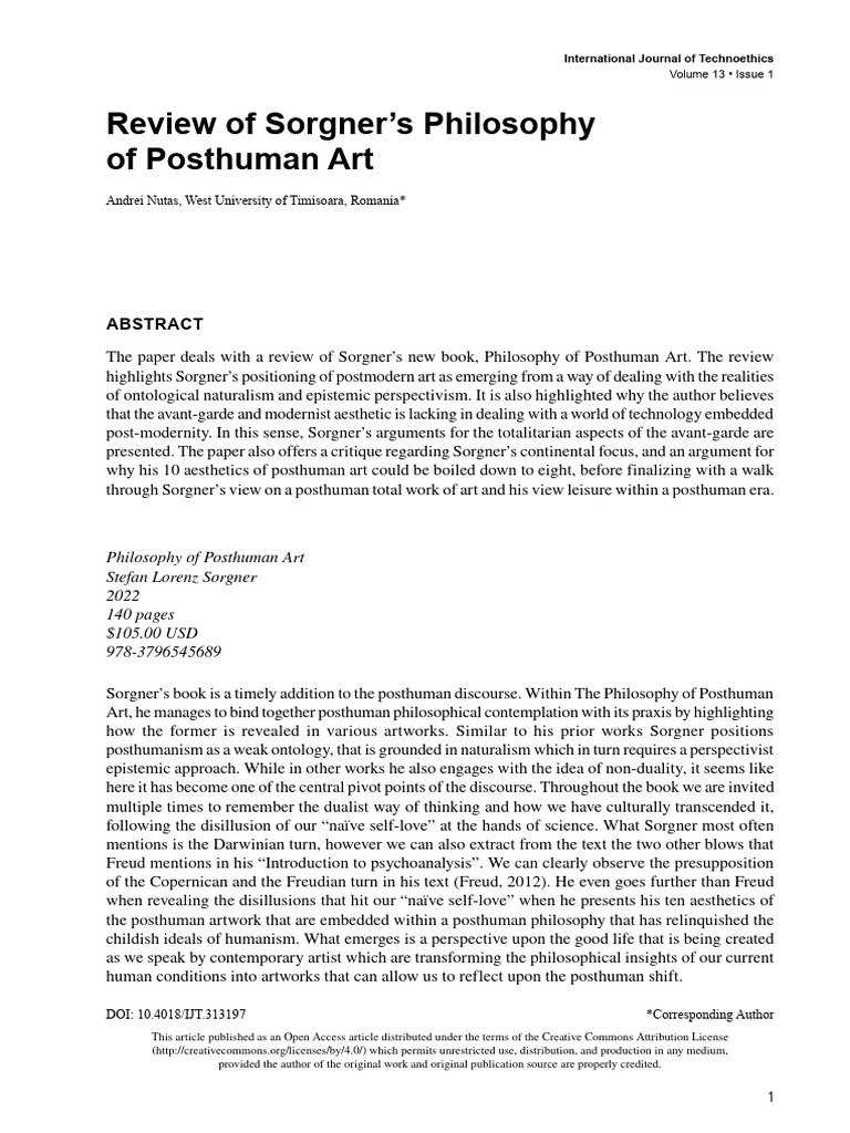 Review of Sorgners Philosophy of Posthuman Art | PDF | Truth | Pragmatism