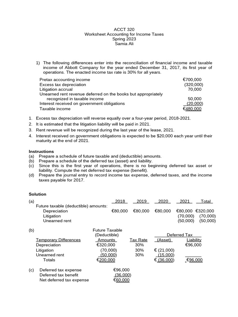 Income Tax Accounting Worksheet 2023 | PDF | Deferred Tax | Tax Expense