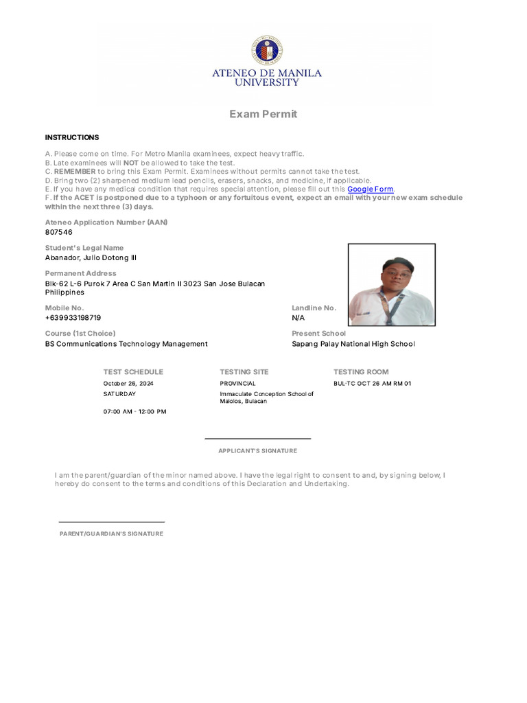 Julio Abanador Exam Permit | PDF