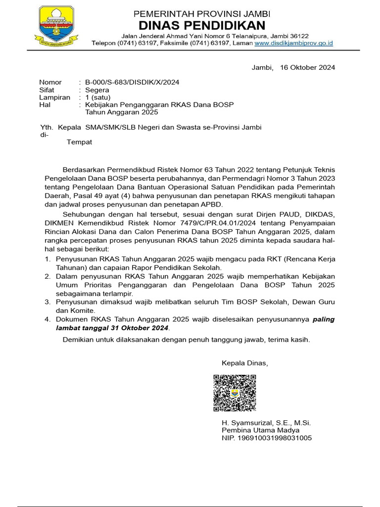 Surat Kebijakan Pengganggaran RKAS Dana BOS TA 2025 | PDF | Pengelolaan Keuangan & Uang | Sains ...