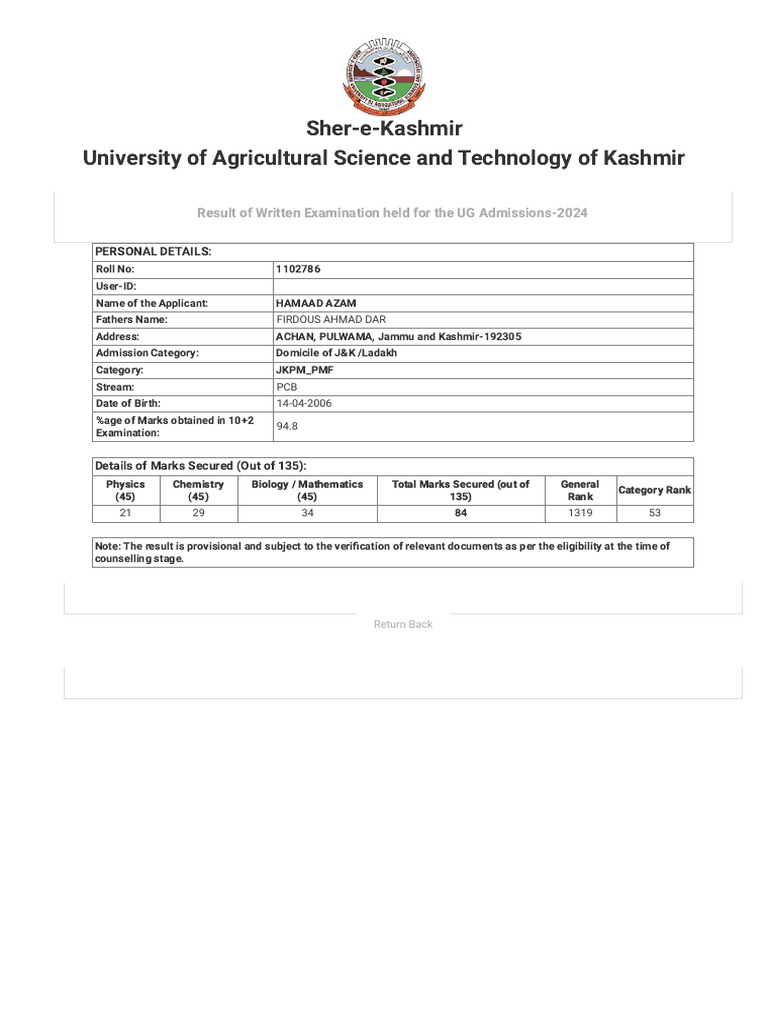 UG Exam Results 2024 SKUAST Kashmir | PDF