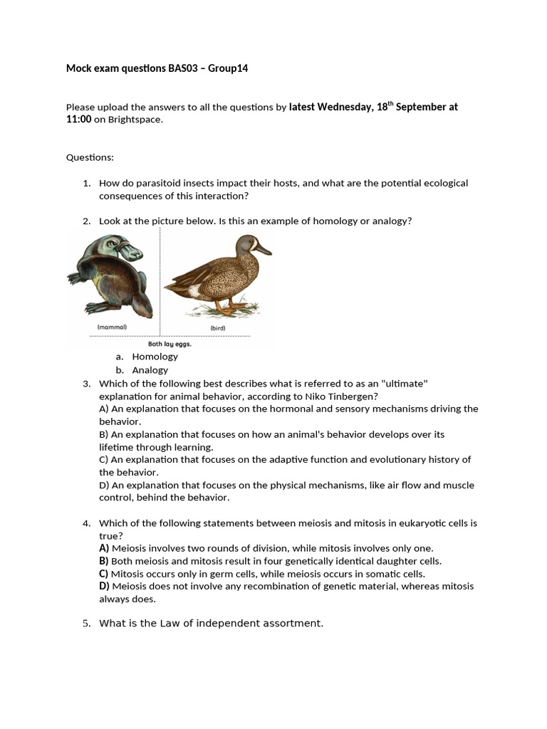 Mock Exam Questions BAS03 - grp14 | PDF | Meiosis | Evolution