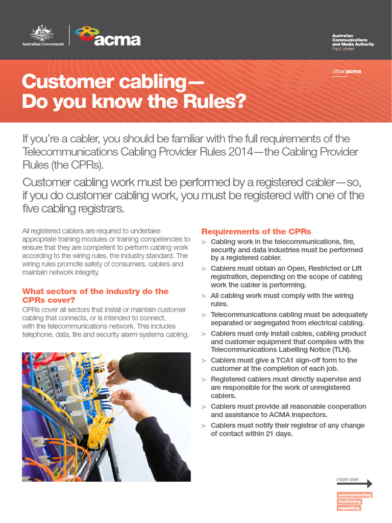 ACMA - Cabling Provider Rules Fact Sheet PDF | PDF | Telecommunications