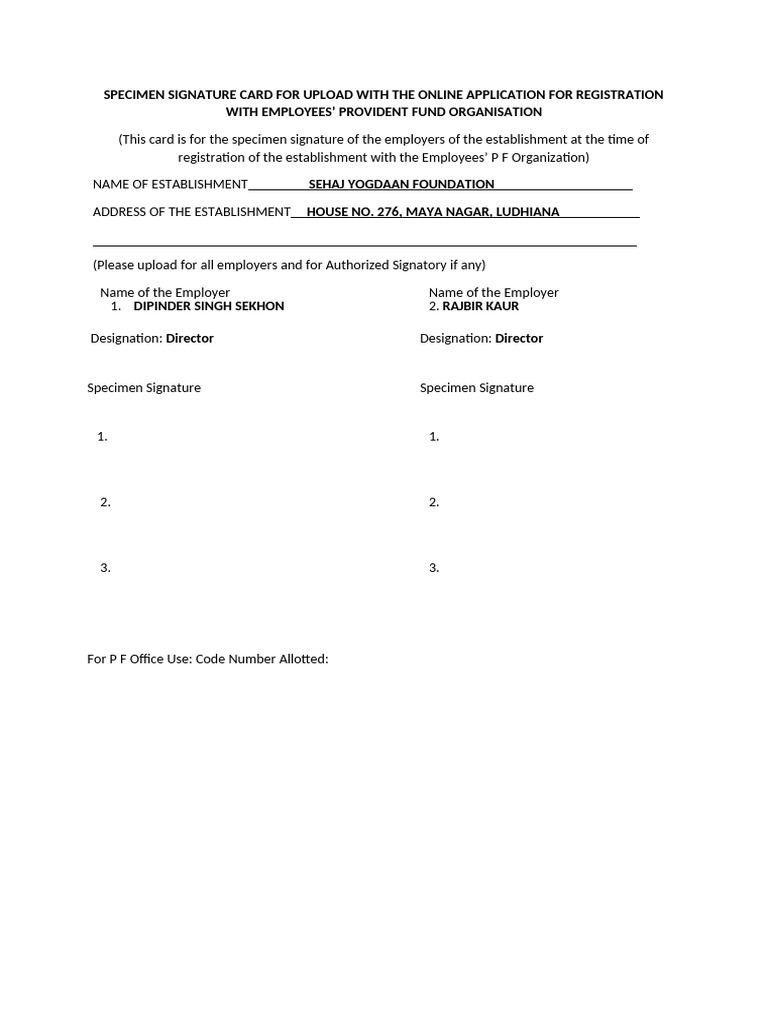 Specimen Signature Card | PDF