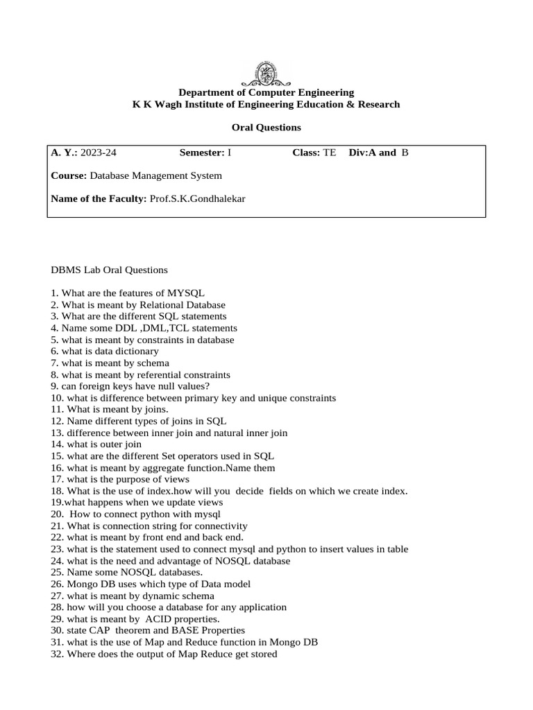 Dbmsoral Question Bank | PDF | Pl/Sql | Databases