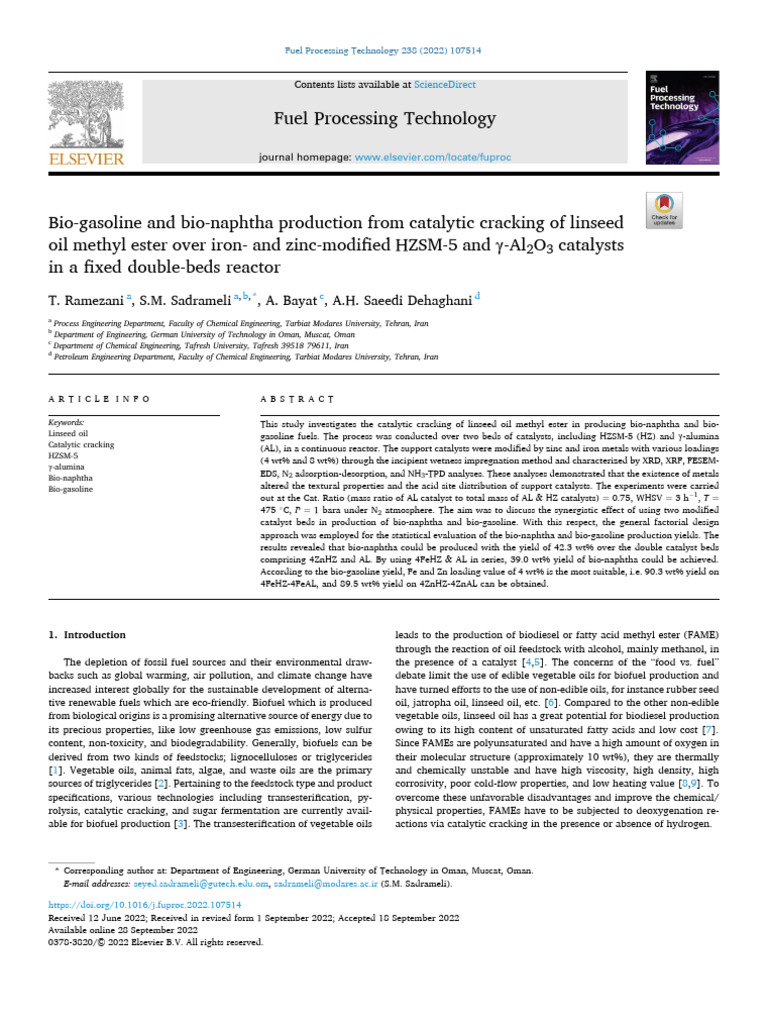 Bio-gasoline and Bio-naphtha Production From Catalytic Cracking of ...