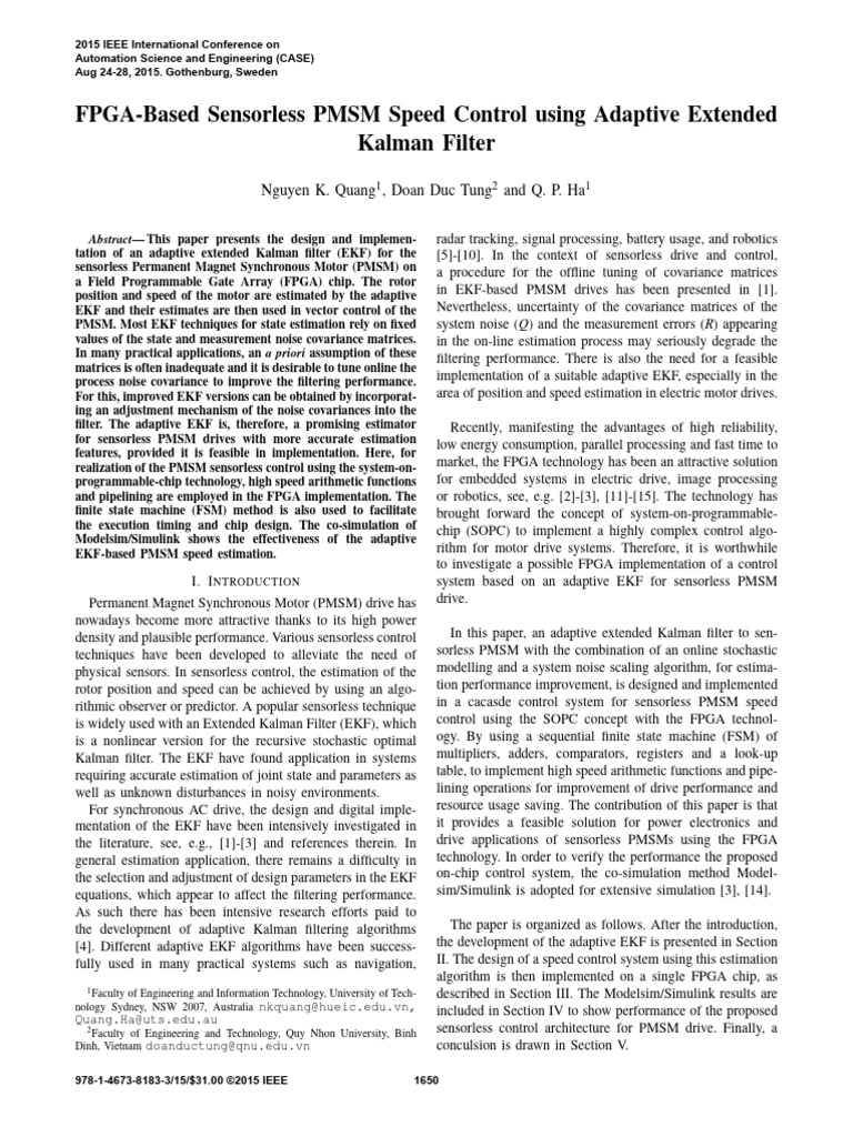 FPGA-based Sensorless PMSM Speed Control Using Adaptive Extended Kalman Filter1 | PDF | Kalman ...