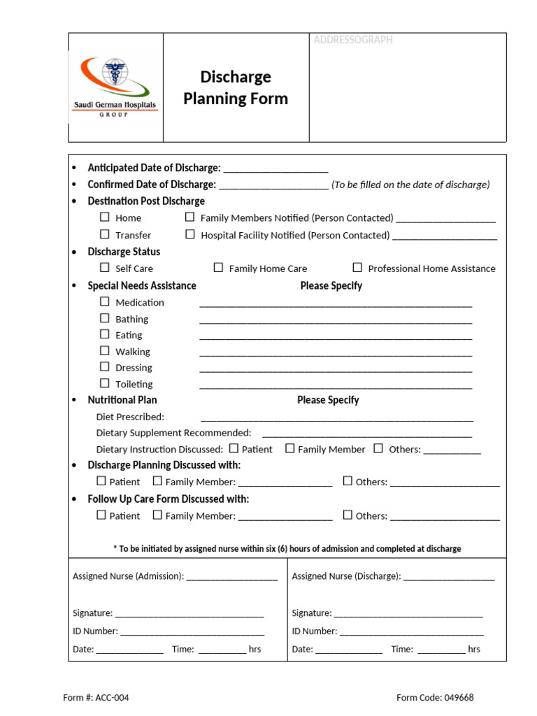 ACC-004 Discharge Planning Form | PDF | Patient | Public Services