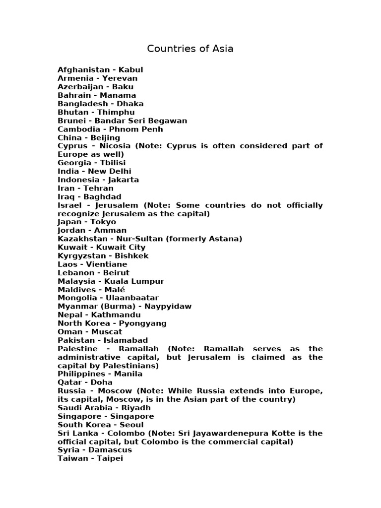 List of Asian Countries and Capitals | PDF