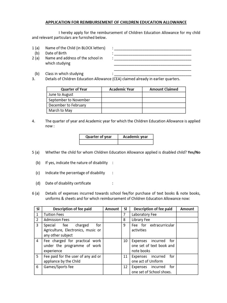 Proforma of Children Education Allowance | PDF | Fee | Payments