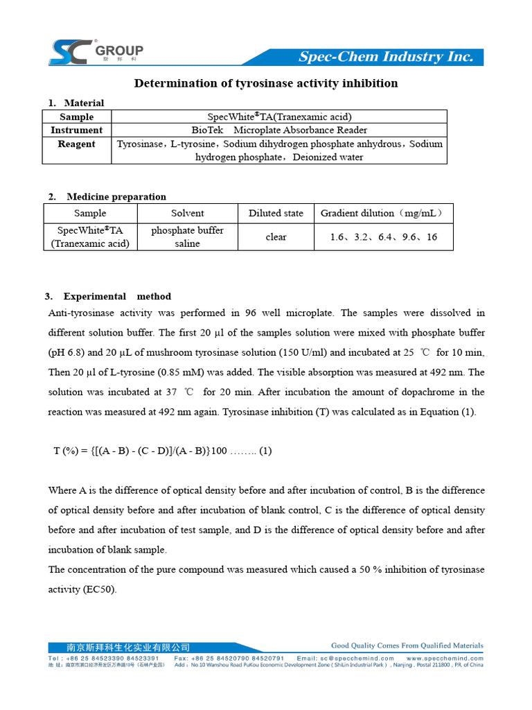 Determination of Tyrosinase Activity Inhibition SpecWhite TA ...