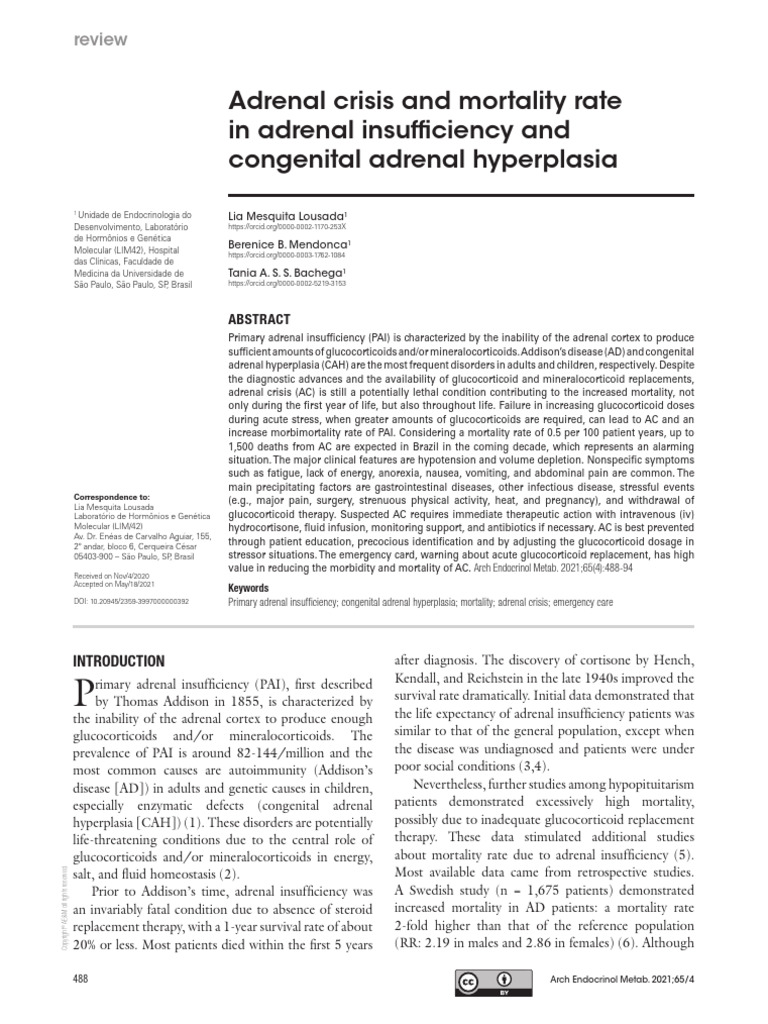 Adrenal Crisis and Mortality Rate in Adrenal Insufficiency and Congenital Adrenal Hyperplasia ...