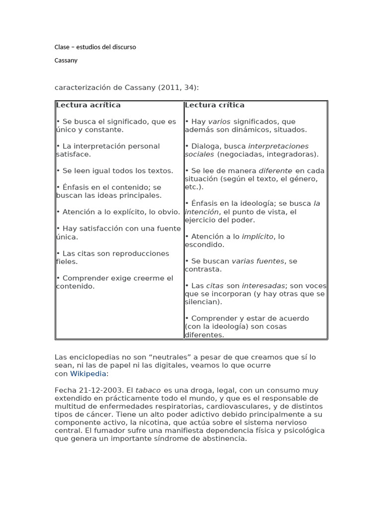 Lectura Crítica vs. Acrítica en Discurso | PDF | Tabaco | Nicotina