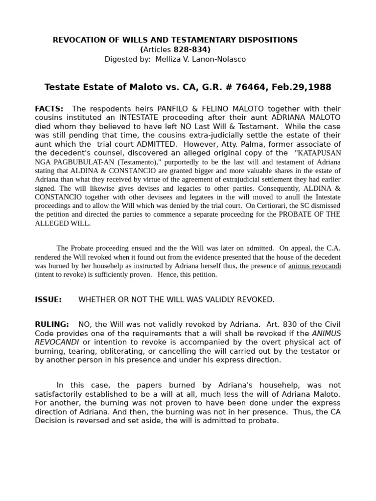 1. MALOTO-TESTATE-ESTATE | PDF | Will And Testament | Intestacy