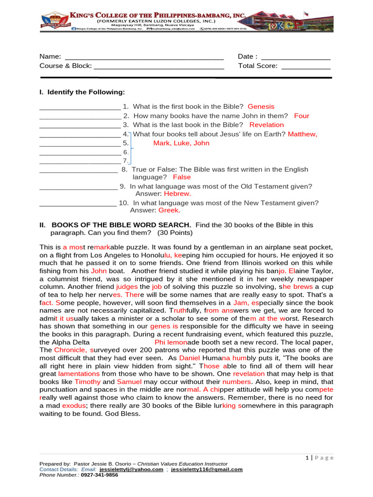 QUIZ 3 - LESSON 2 BOOKS OF THE BIBLE (long) Answer Key | PDF | Bible ...