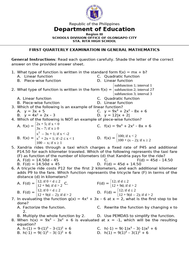GRADE 11 - GenMath - 1st Quarterly Examination | PDF | Function (Mathematics) | Inequality ...