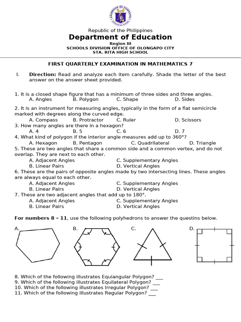 GRADE - 7 - Mathematics - 1st Quarterly Examination | PDF | Polygon | Angle