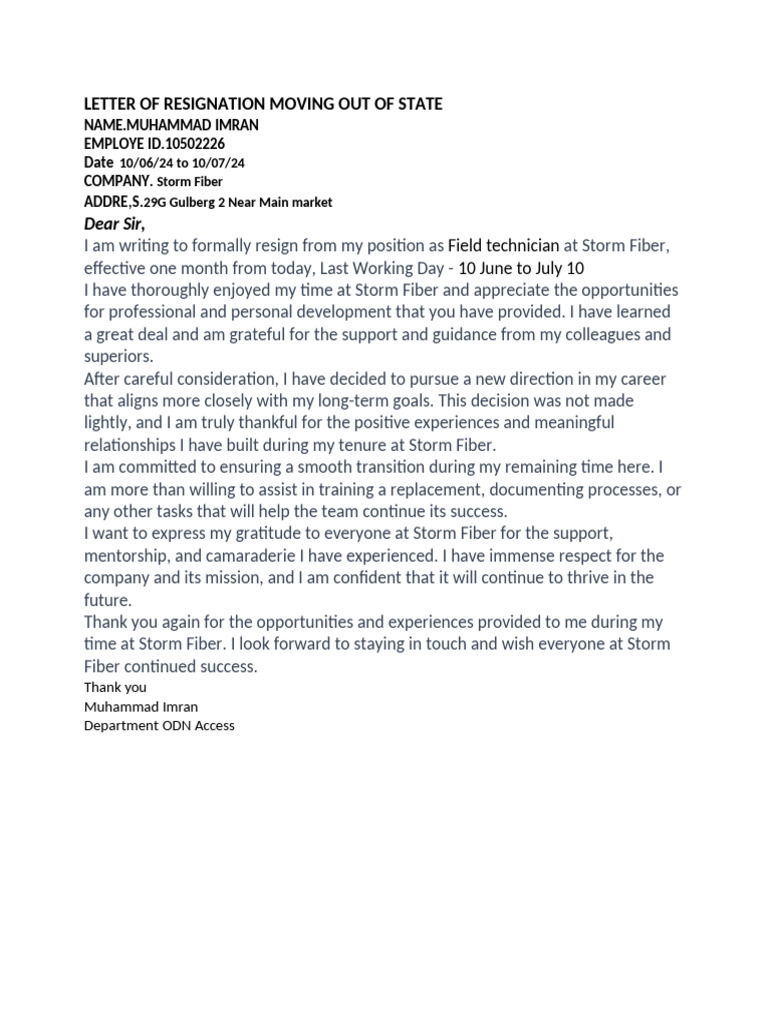 Letter of Resignation Moving Out of State | PDF