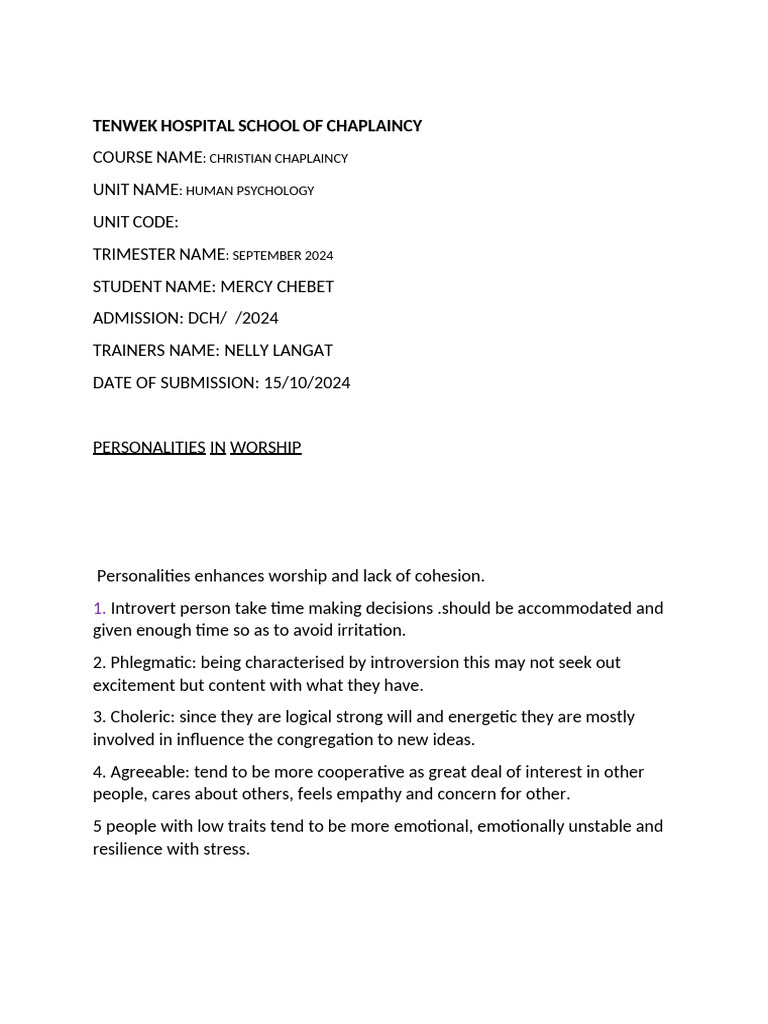 Tenwek Hospital School of Chaplaincy | PDF | Self-Improvement