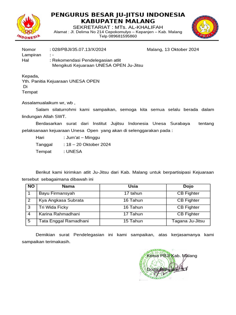SURAT tugas kejuaraan IJI Unesa Open | PDF