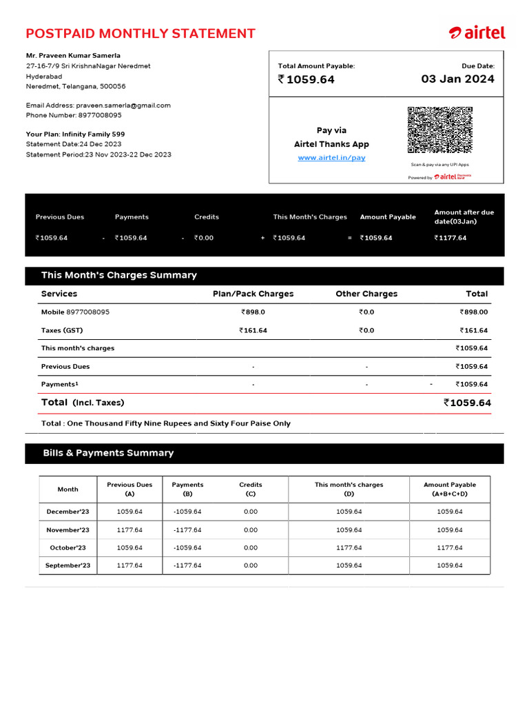 Postpaid Bill-Dec | PDF | Credit Card | Cheque