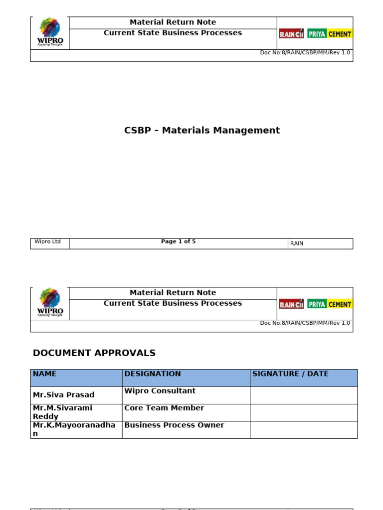 1 RCOL MM CSBP Material Return Note 08 V1.0 | PDF | Software Engineering | Computer Science