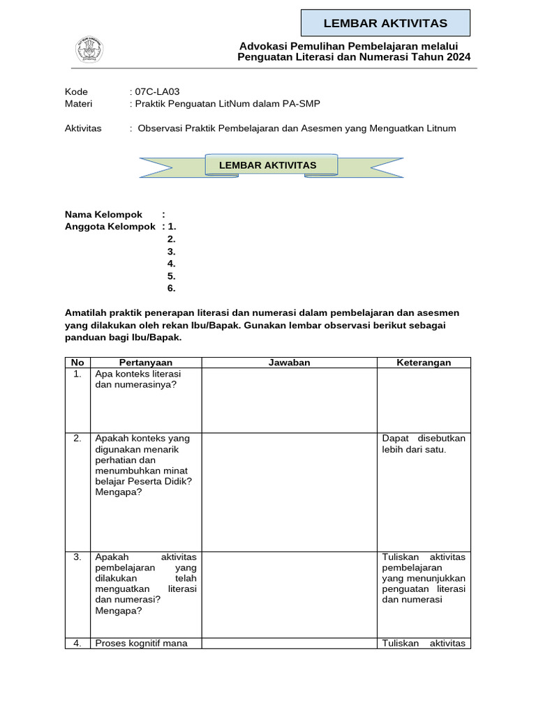 07C-LA03 - Lembar Observasi | PDF
