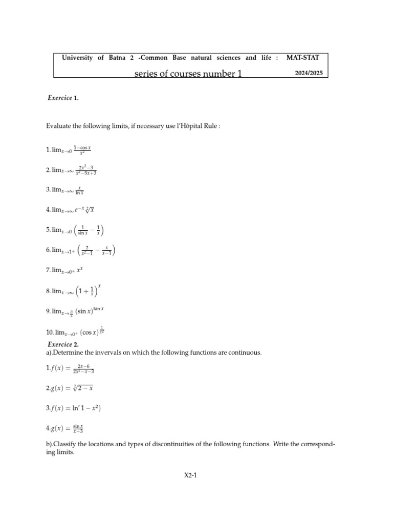 Series of Courses Number 1: University of Batna 2 - Common Base Natural Sciences and Life: Mat ...