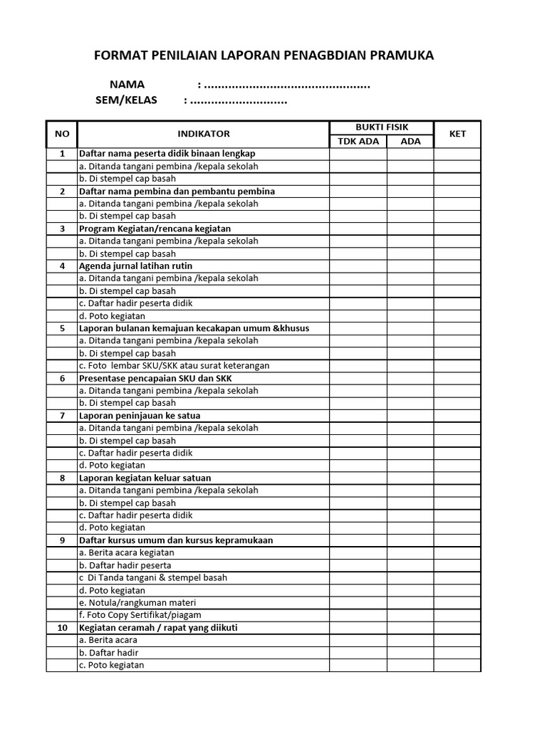 FORMAT PENILAIAN LAPORAN PRAMUKA STAIS 3a | PDF