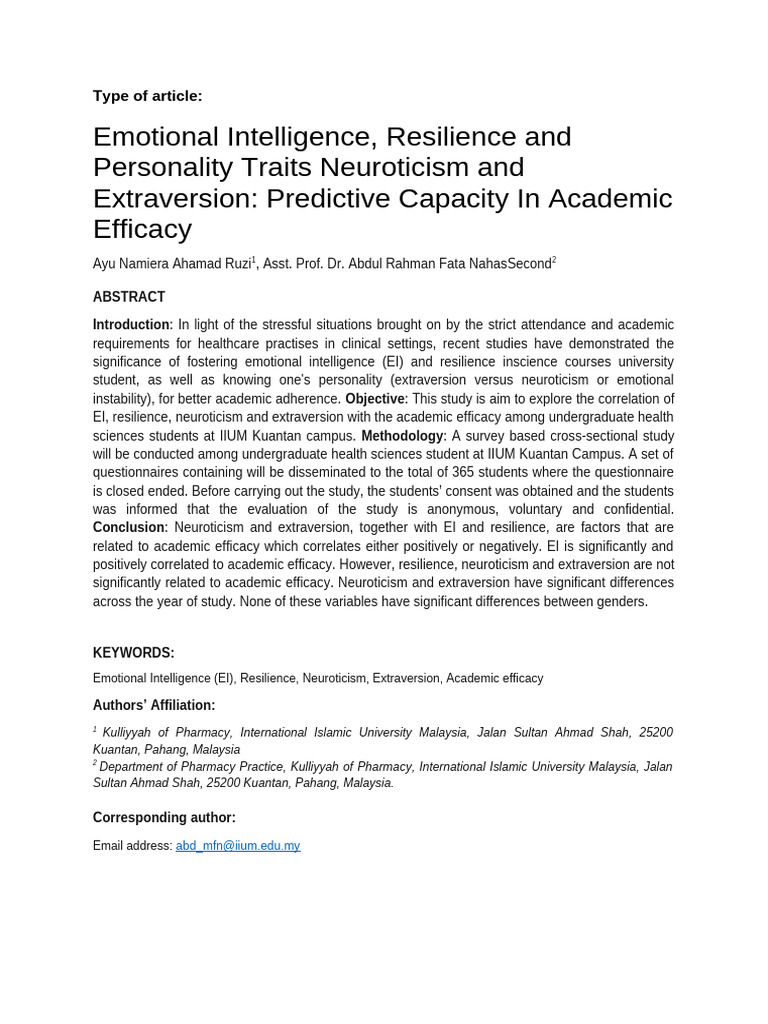 Emotional Intelligence, Resilience and Personality Traits Neuroticism and Extraversion ...