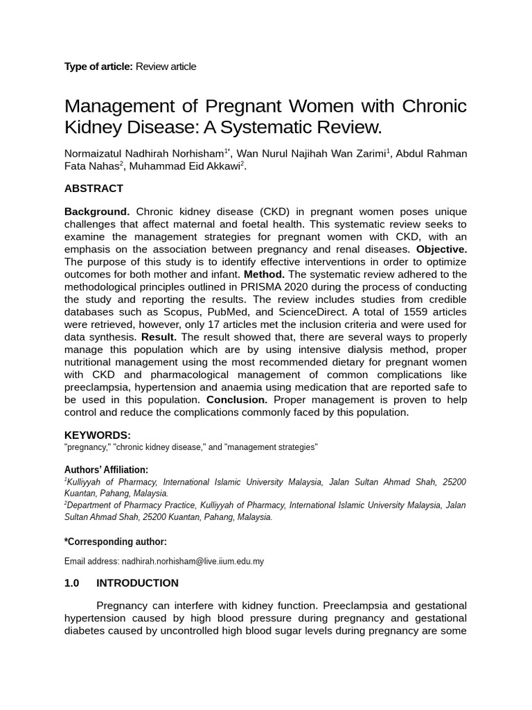 Management of Pregnant Women with Chronic Kidney Disease: A Systematic Review. | PDF | Chronic ...