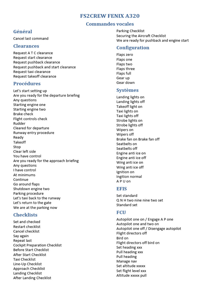 FS2Crew Fenix A320 Commandes Vocales | PDF | Aviation Safety ...