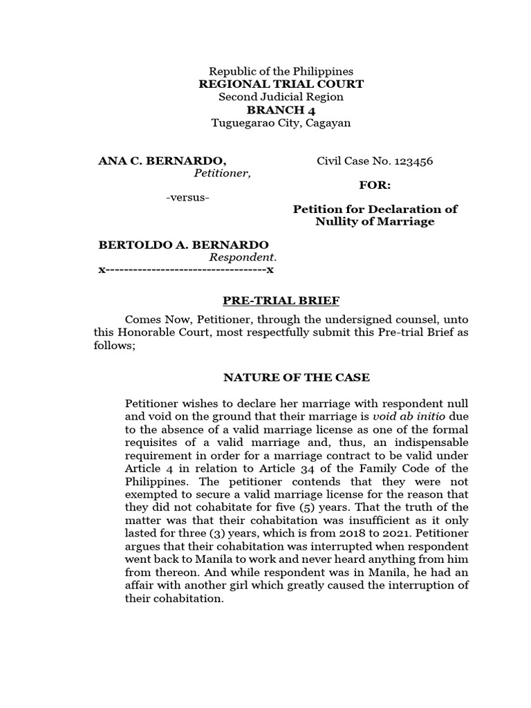 PRE-TRIAL-BRIEF-ANA-BERT | PDF | Annulment | Marriage